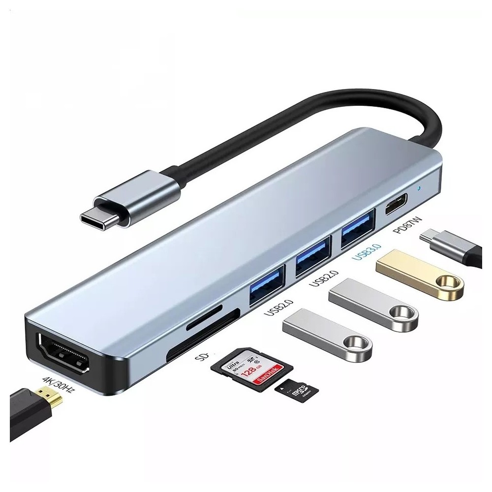 Hub USB-C vers HDMI 4K / 3 USB-A -/1 USB-C + 2 lecteurs carte