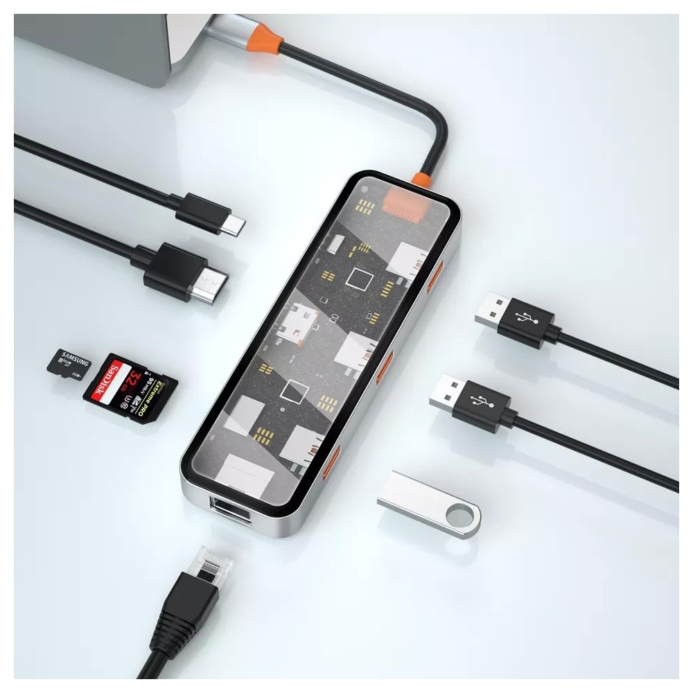 Transparent USB-C Hub with HDMI 4K/3 USB-A -/1 USB-C + 2 SD-TS+RJ45