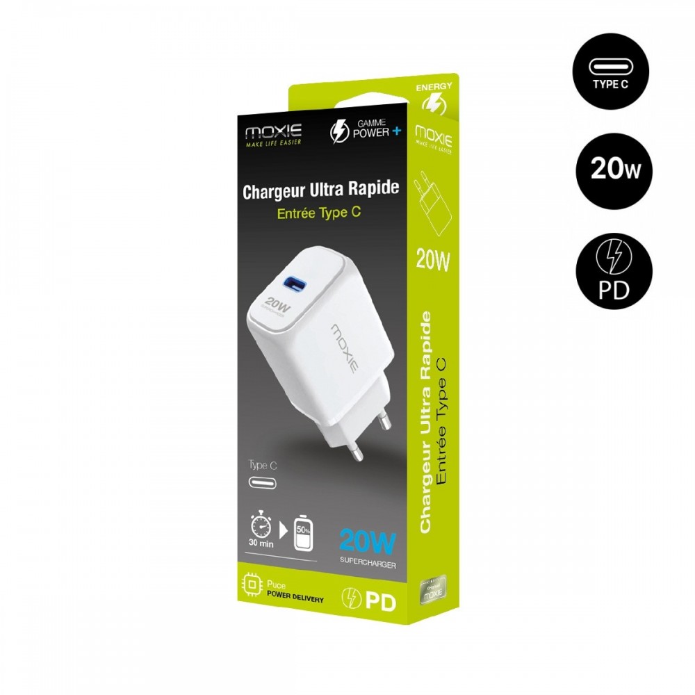 Chargeur Secteur 20W Fast charge Power Delivery - 1 sortie Type-C - Sous packaging